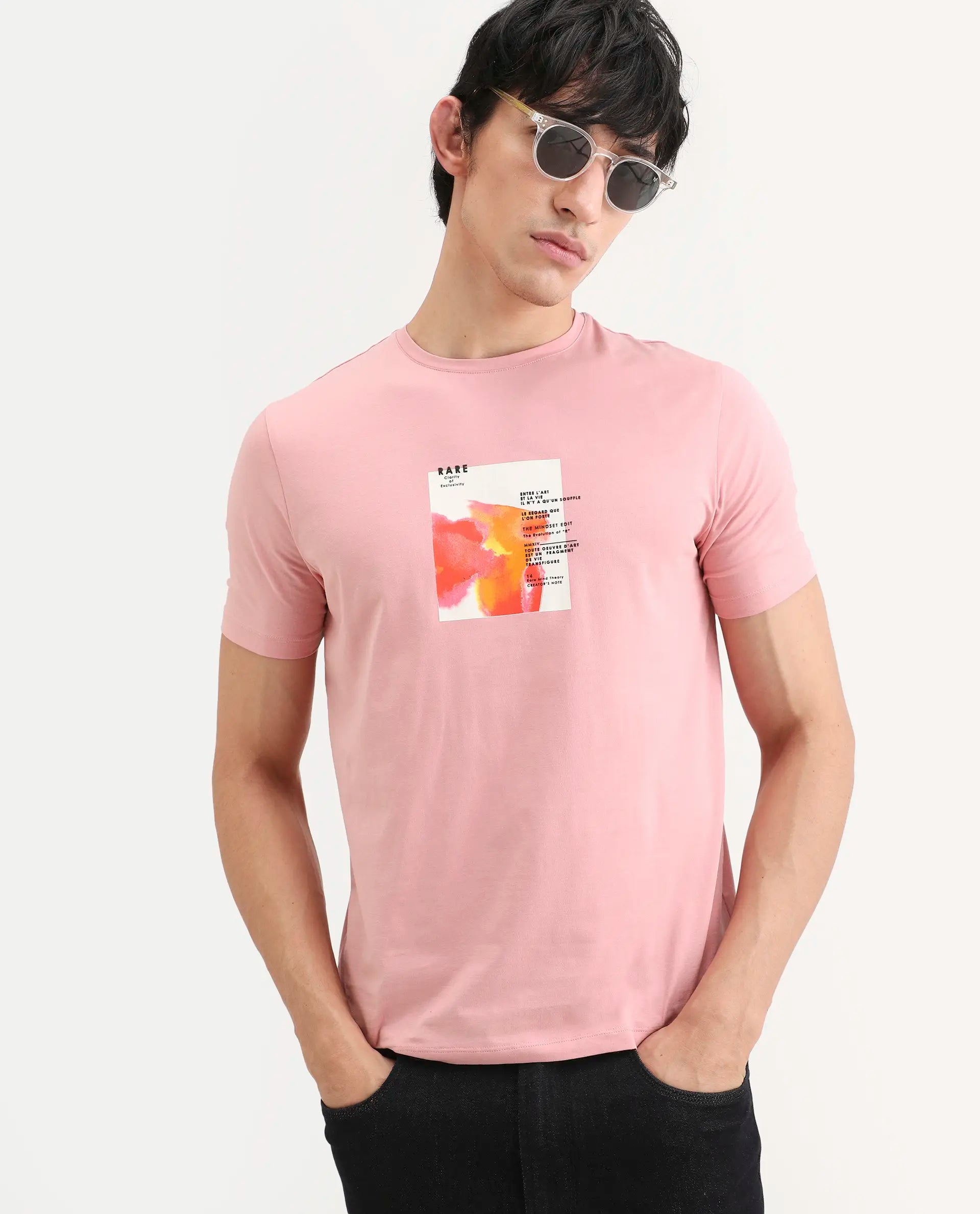 Rare Rabbit Men's Nes Pink Cotton Blend Fabric Half Sleeve Crew Neck R