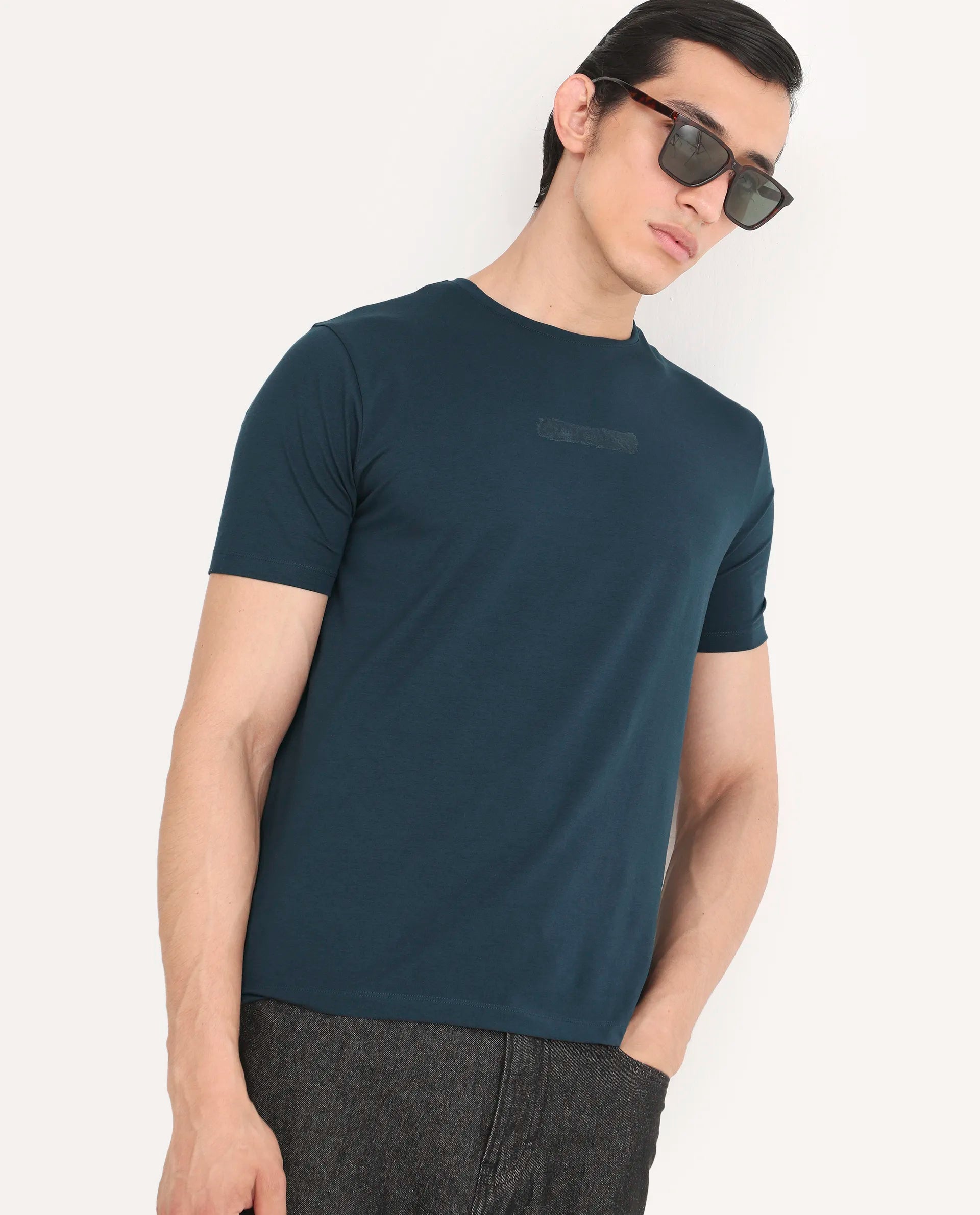 Buy Spur - Teal Regular Fit Foil Print T Shirt| Rare Rabbit