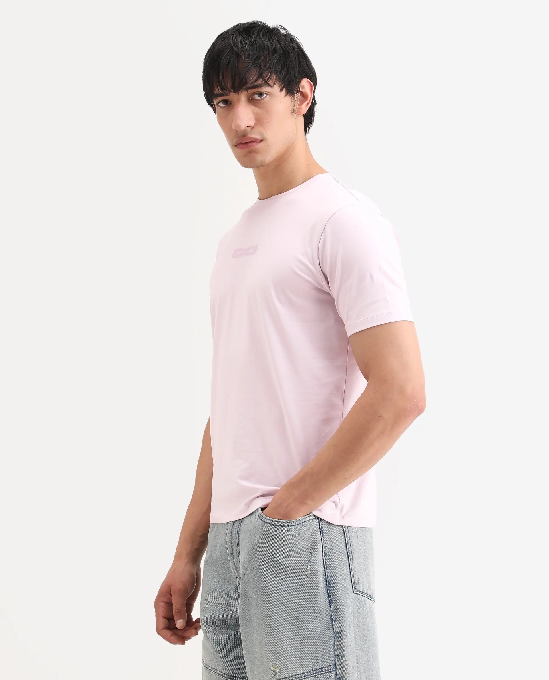Rare Rabbit Men's Spur Pastel Pink Cotton Blend Fabric Half Sleeve Cre