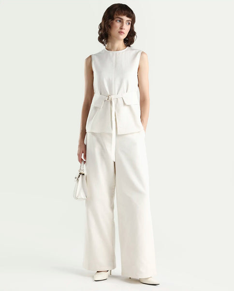 Buy Aubra-B - Off White Elasticated Wide Leg Trouser| Rareism