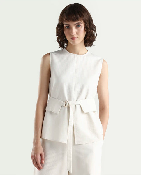 Buy Aubra-T - Off White Belt Detail Sleeveless Top| Rareism