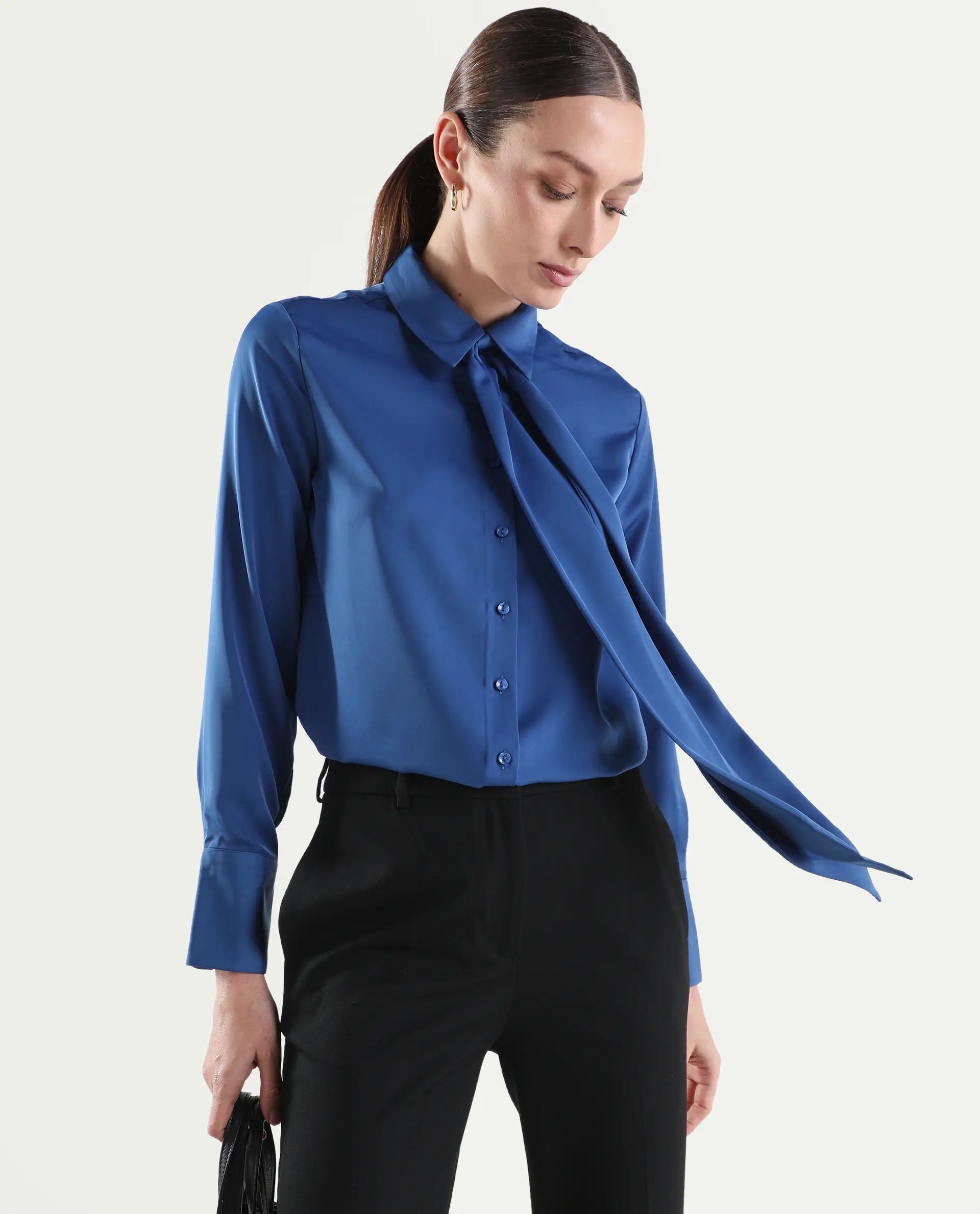 Buy Aviol - Blue Solid Shirt With Neck Tie Up| Rareism