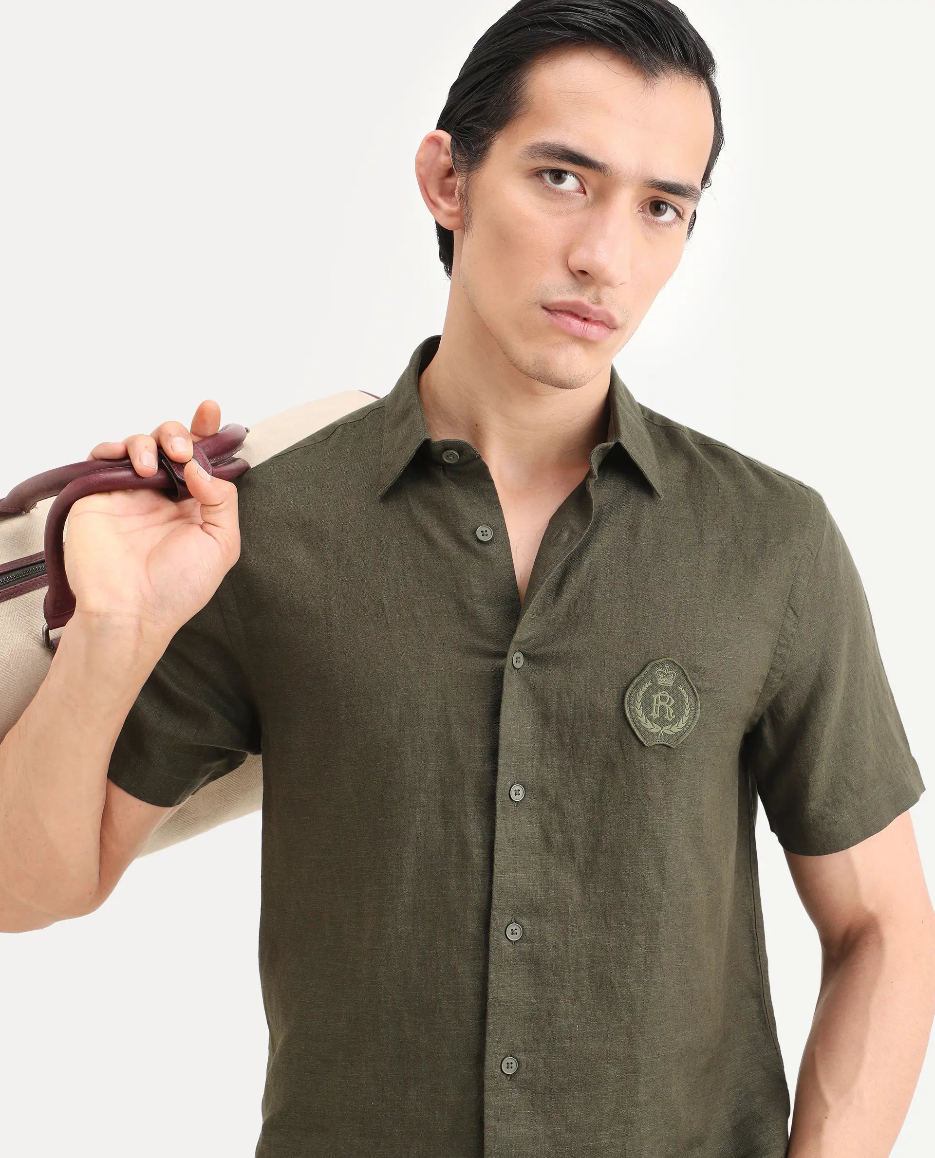 Buy Cine Ss - Olive Linen Blend Brand Logo Shirt| Rare Rabbit