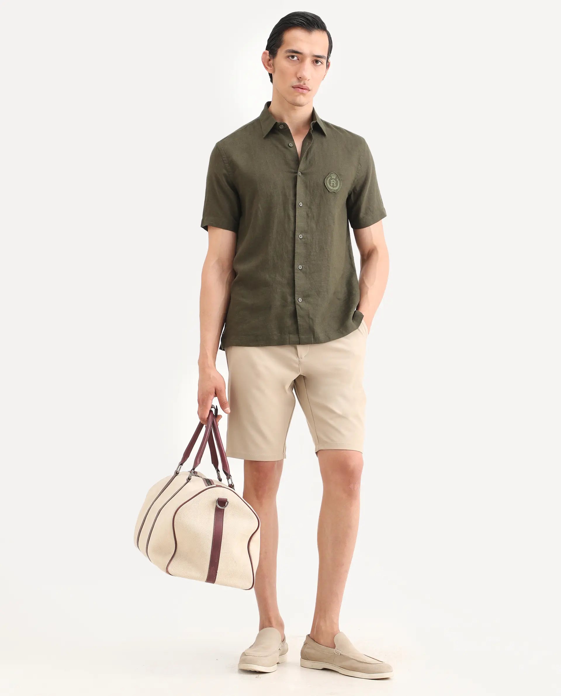 Buy Cine Ss - Olive Linen Blend Brand Logo Shirt| Rare Rabbit