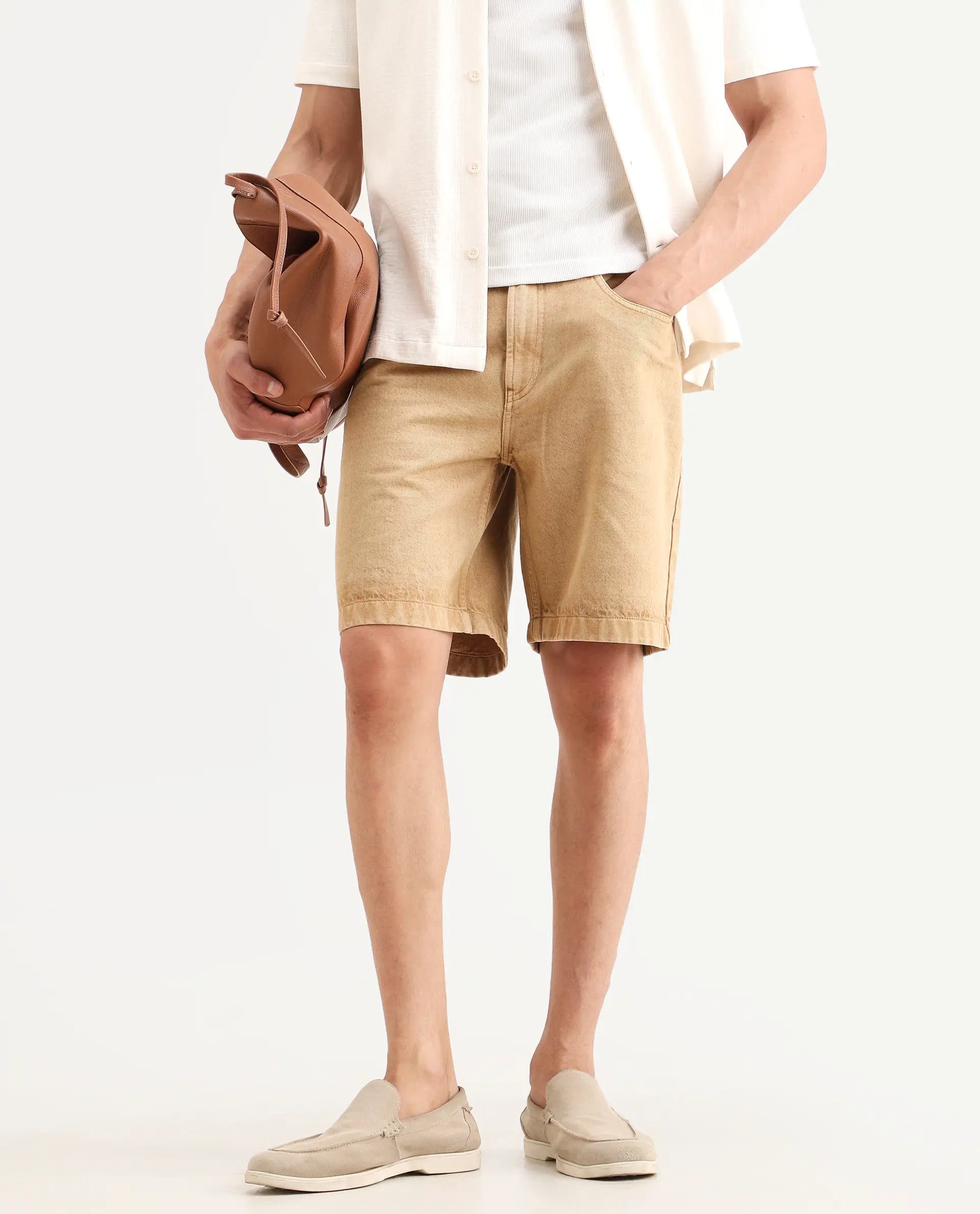Rare Rabbit Men's Carp Khaki Cotton Fabric Relaxed Fit Plain Shorts