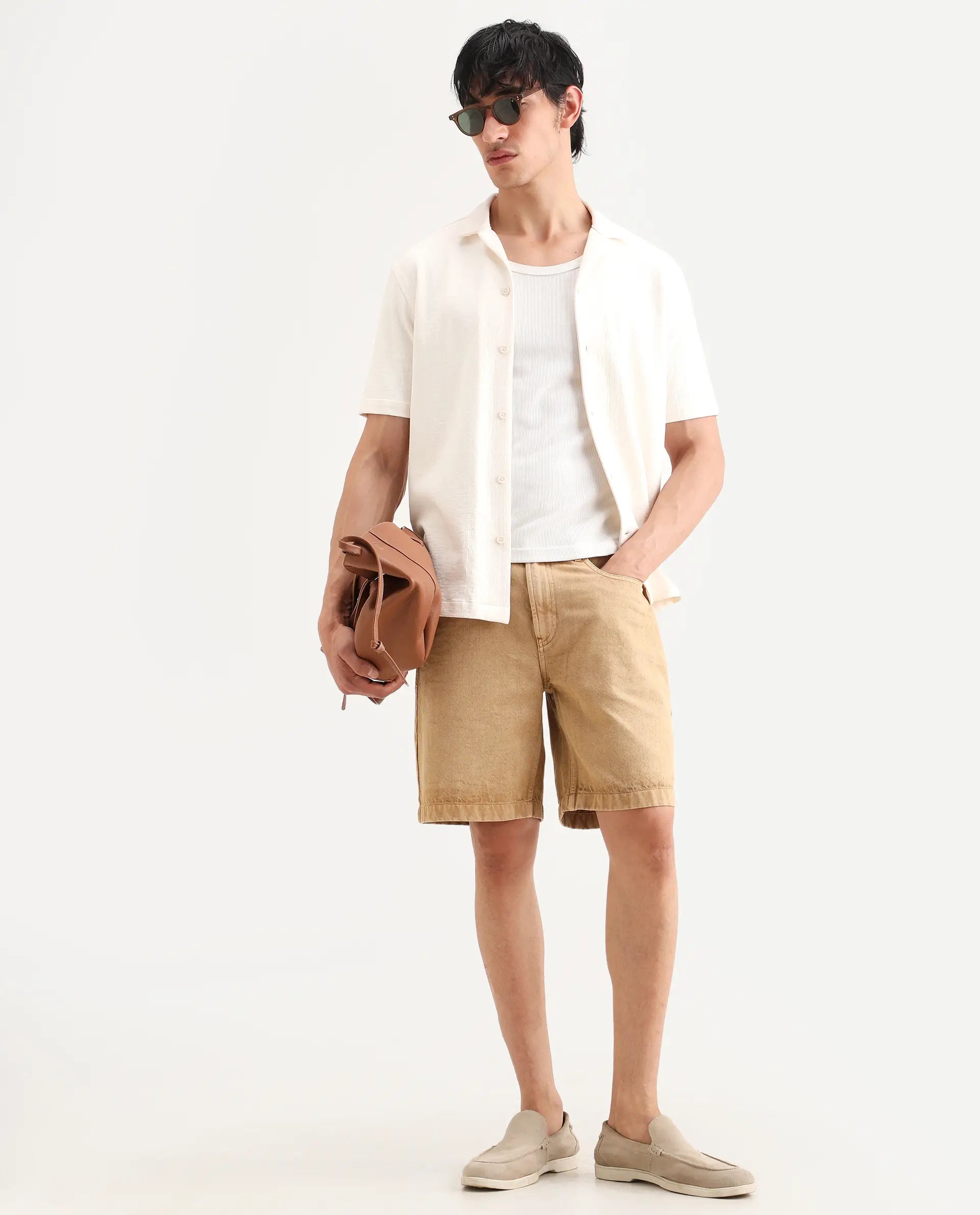 Rare Rabbit Men's Carp Khaki Cotton Fabric Relaxed Fit Plain Shorts