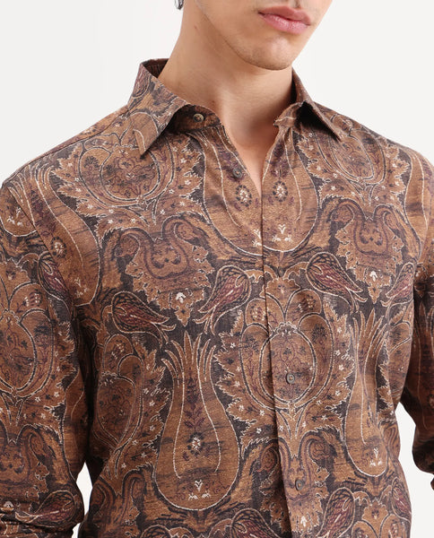 Rare Rabbit Men's Zoie Dusky Mustard Viscose Fabric Full Sleeve Spread