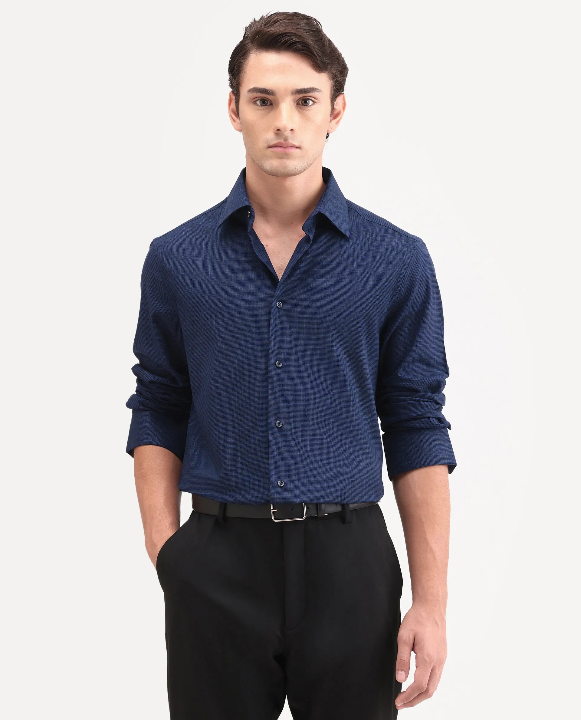 Rare Rabbit Men's Kenb Dark Blue Cotton Fabric Full Sleeve Spread Coll