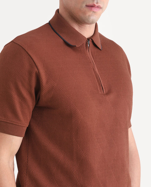 Buy Argyn - Rust Regular Fit Textured Zipper Polo| Rare Rabbit