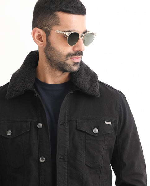 Rare Rabbit Men's Rubik Black Cotton Plain Regular Fit Full Sleeve Spr