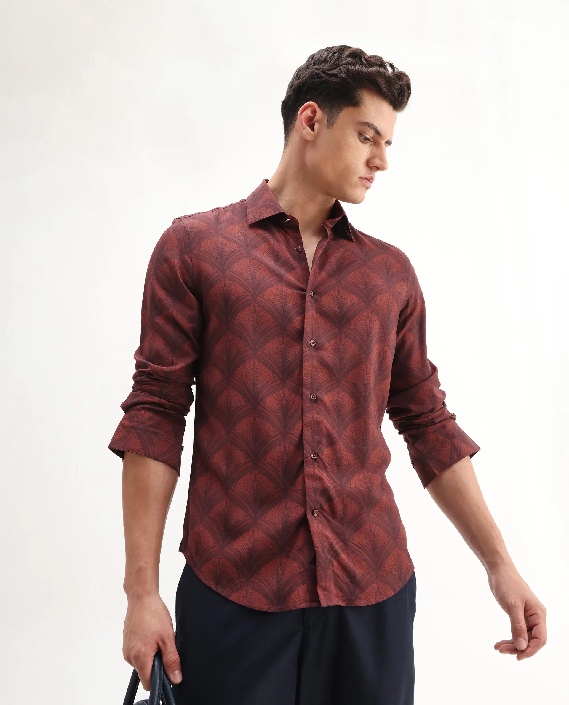 Rare Rabbit Men's Runi Red Cotton Blend Decorative Print Regular Fit F