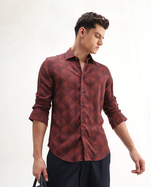 Rare Rabbit Men's Runi Red Cotton Blend Decorative Print Regular Fit F