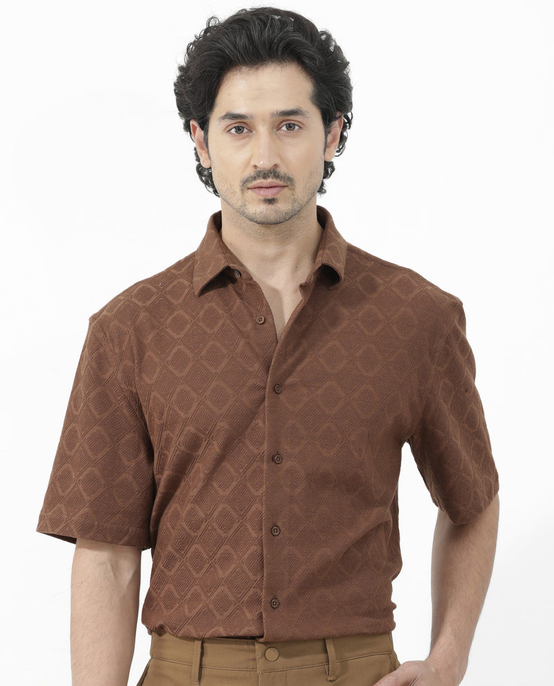 Rare Rabbit Mens Ryker Brown Cotton Polyester Fabric Blend Short Sleev