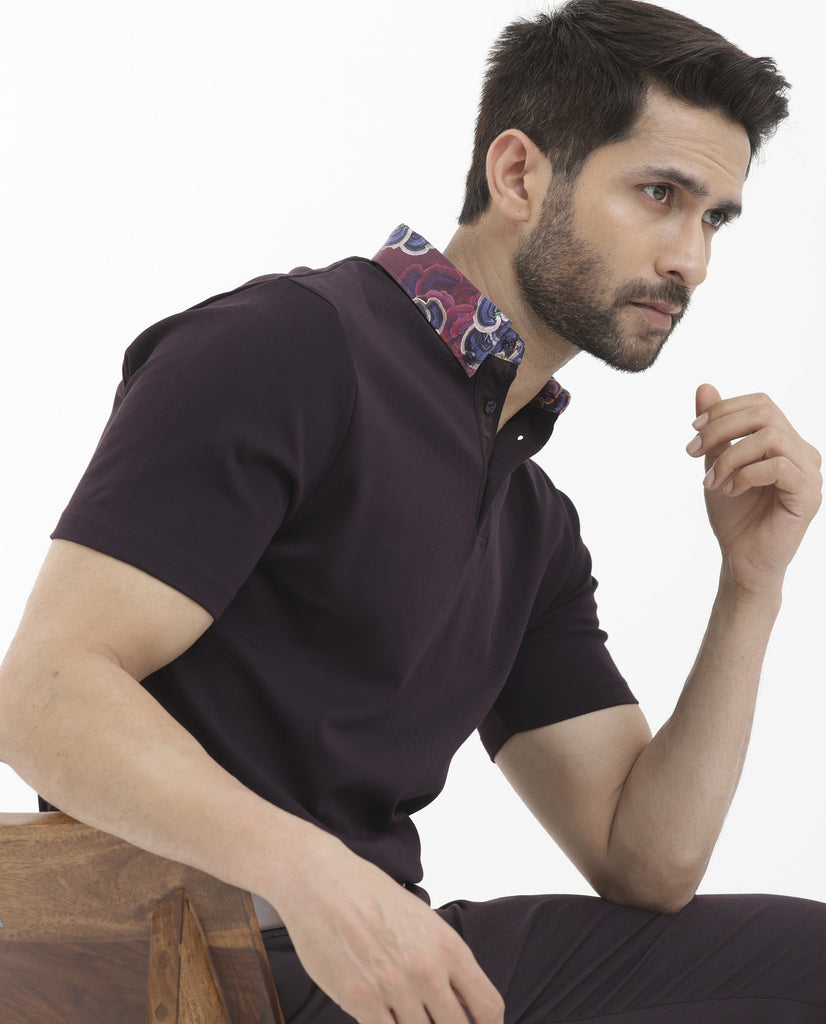 Rare Rabbit Men's Ringer-2 Dark Purple Cotton Fabric Printed Collar Ha