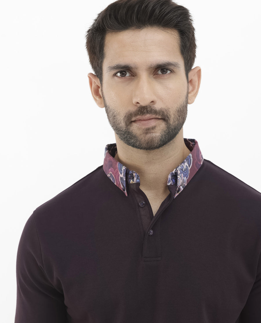 Rare Rabbit Men's Ringer-2 Dark Purple Cotton Fabric Printed Collar Ha