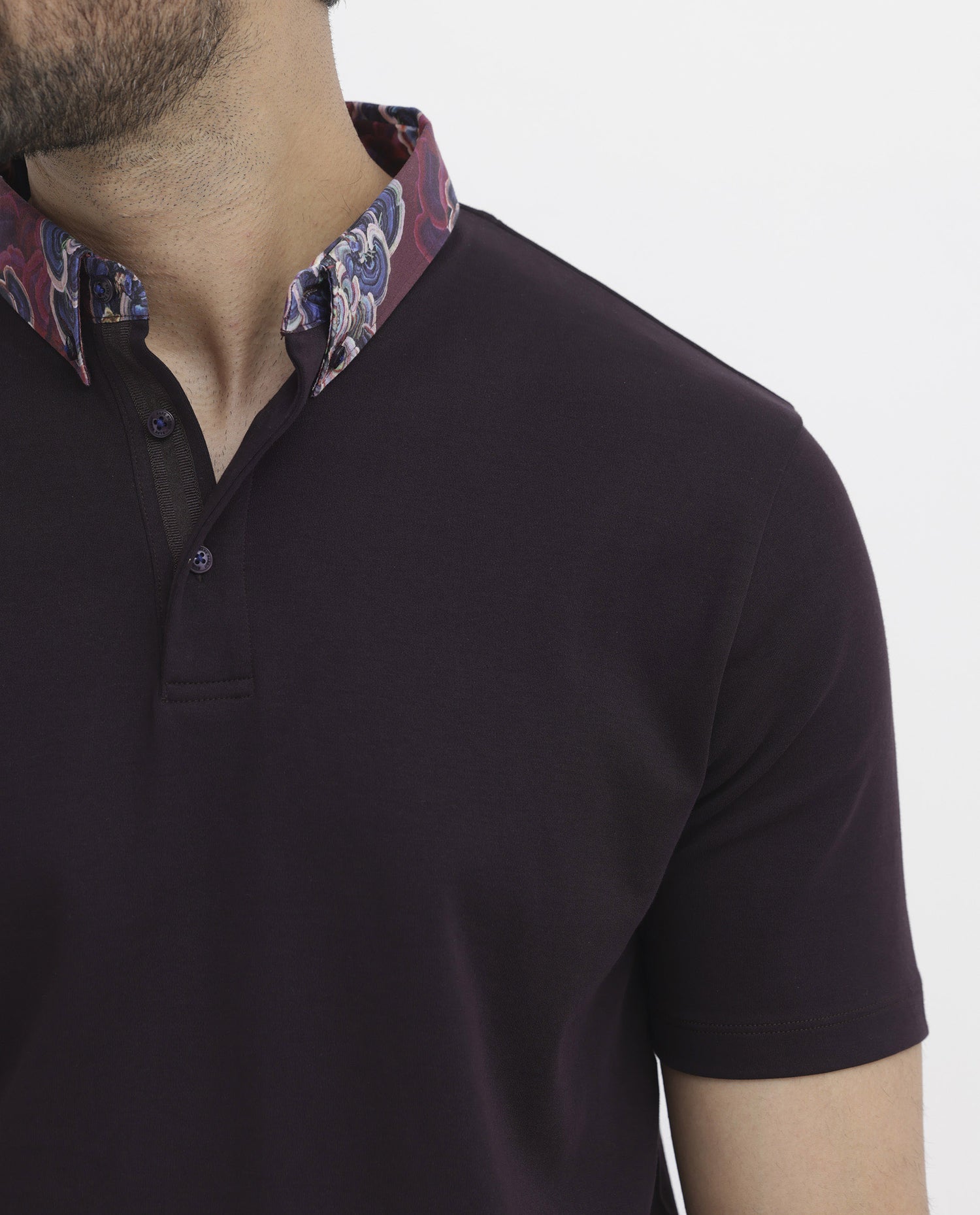 Rare Rabbit Men's Ringer-2 Dark Purple Cotton Fabric Printed Collar Ha