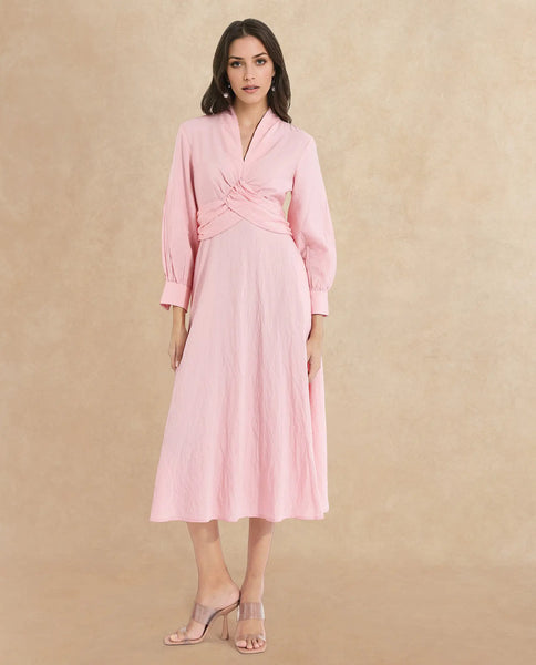 Rareism Women's Samran Peach Nylon Blend V-Neck Plain Bishop Sleeve Ma