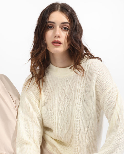Rareism Women Schitt Off White Acrylic Fabric Full Sleeves Relaxed Fit