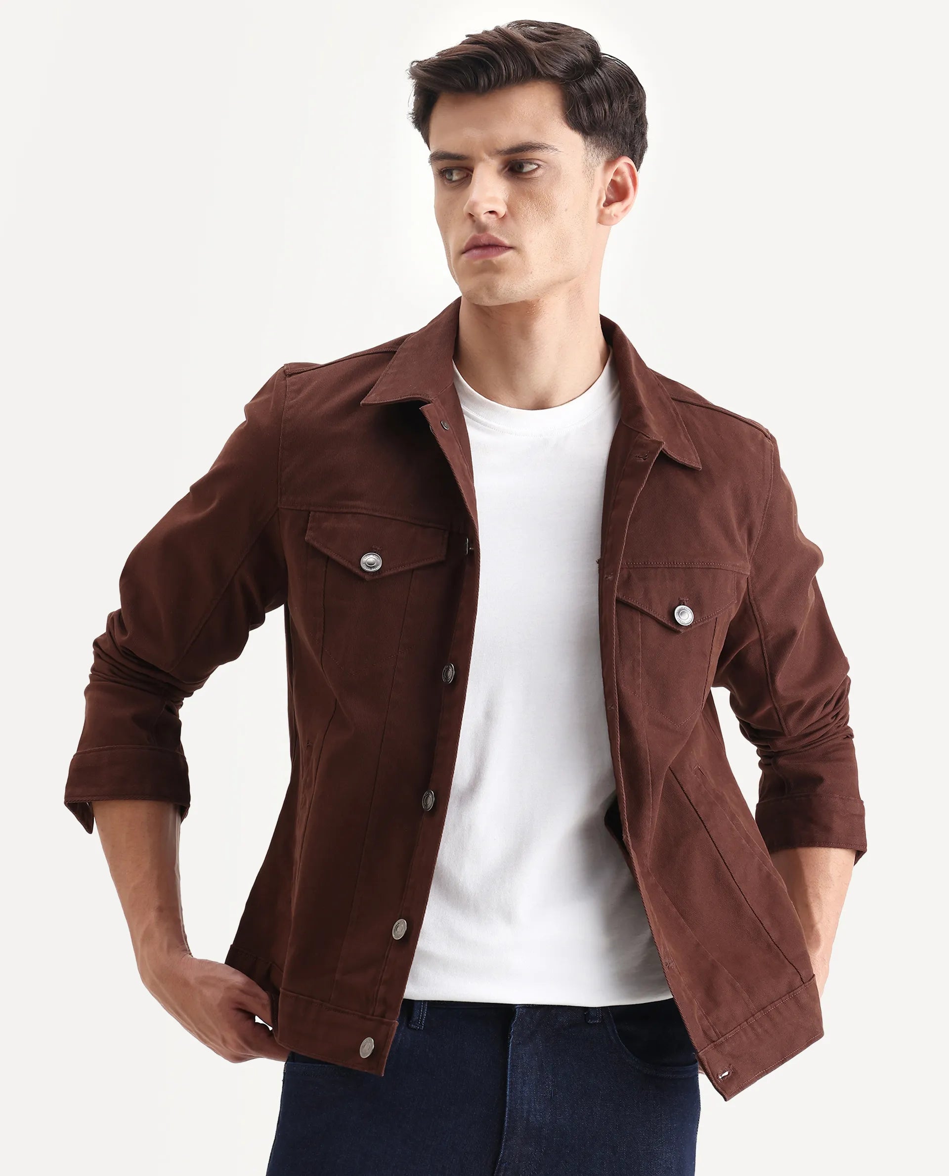 Rare Rabbit Men's Scut Brown Cotton Blend Fabric Collared Neck Relaxed