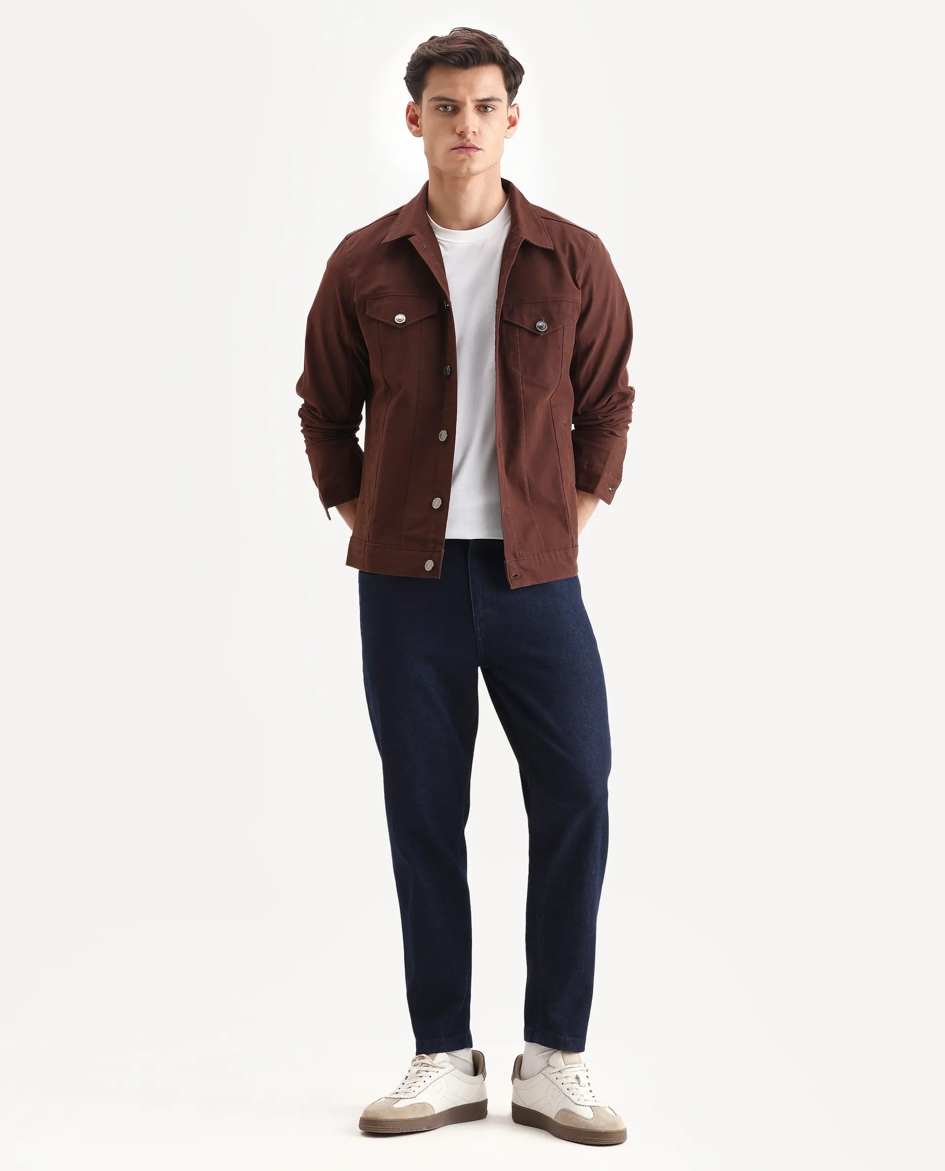 Rare Rabbit Men's Scut Brown Cotton Blend Fabric Collared Neck Relaxed