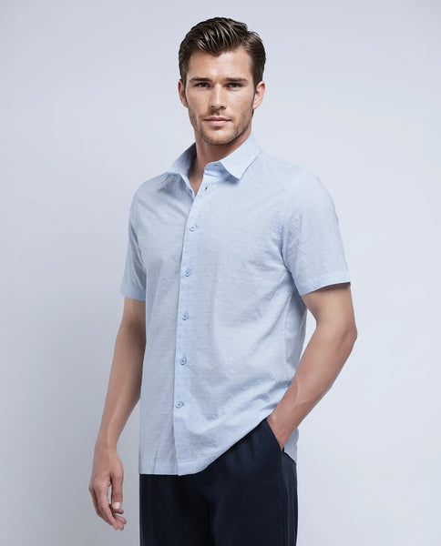 Rare Rabbit Men's Shek Blue Cotton Textured Regular Fit Half Sleeve Co