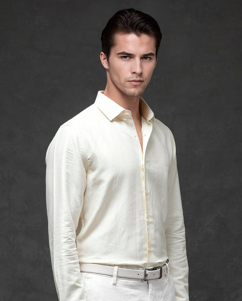 Rare Rabbit Mens Silken Pastel Yellow Linen Cotton Fabric Full Sleeve