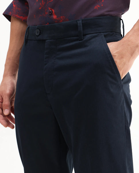 Rare Rabbit Men's Smart Navy Cotton Blend Plain Regular Fit Trouser