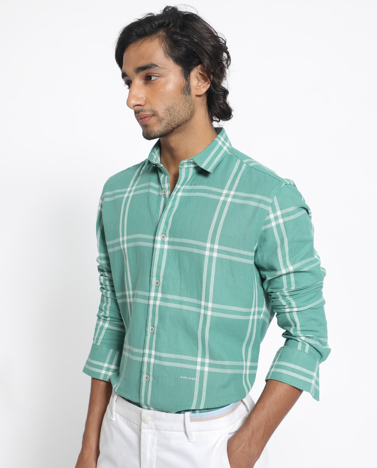 Rare Rabbit Men's Solan Green Cotton Fabric Full Sleeves Windowpane Ch