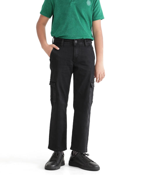 Rare Ones Kids Strait Black Cotton Zipper Closure Solid Loose Fit Jean