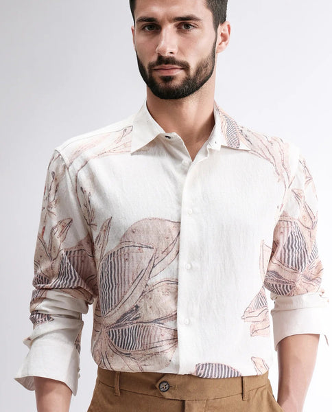 Rare Rabbit Men's Taks White Viscose Blend Floral Print Regular Fit Fu