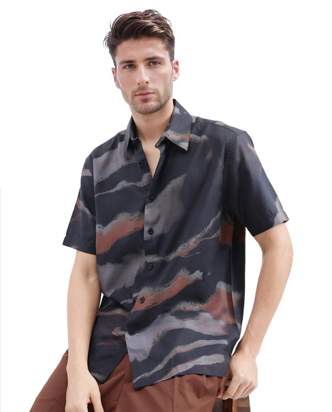 Rare Rabbit Men's Tego Black Cotton Blend Abstract Print Boxy Fit Half