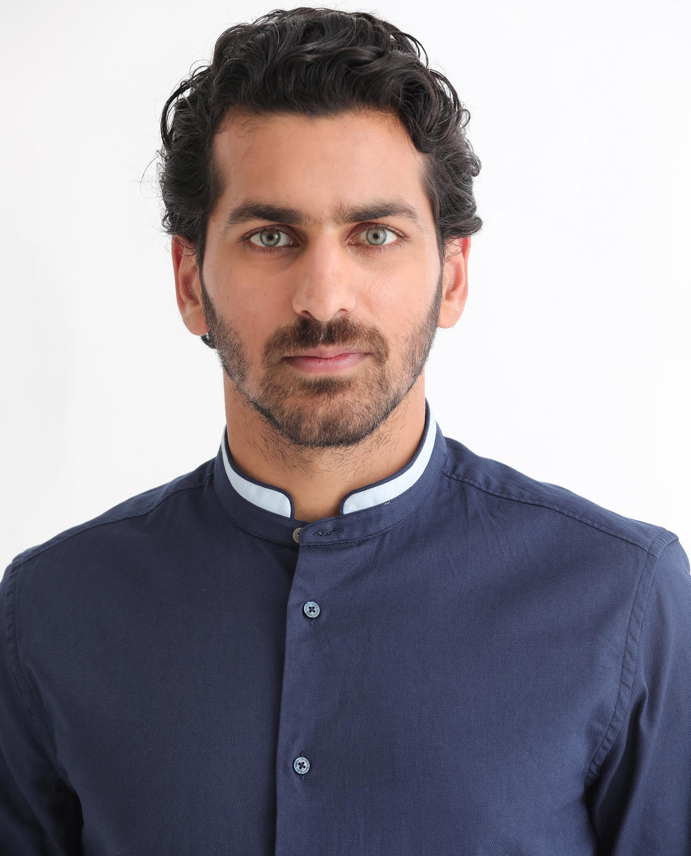 Rare Rabbit Men's Tehran Navy Mandarin Collar Full Sleeves Solid Shirt