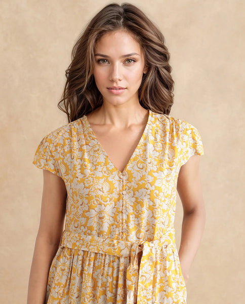 Rareism Women's Tenna Yellow Cap Sleeves V-Neck Button Closure Fit And ...