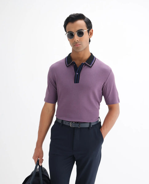 Rare Rabbit Men's Territ Dusky Purple Cotton Plain Regular Fit Half Sl