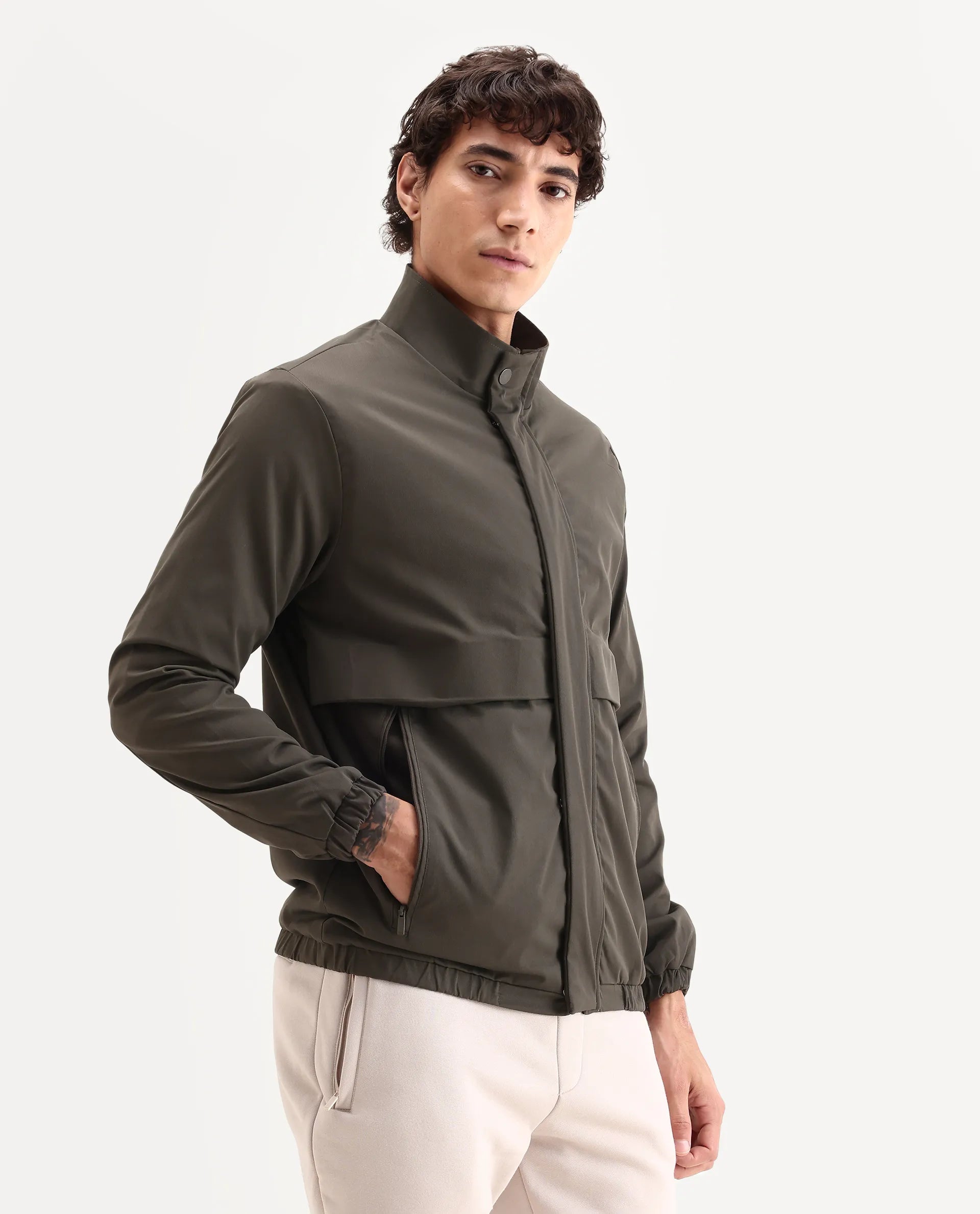 Rare Rabbit Men's Tim Olive Polyester Fabric High Neck Regular Fit Pla