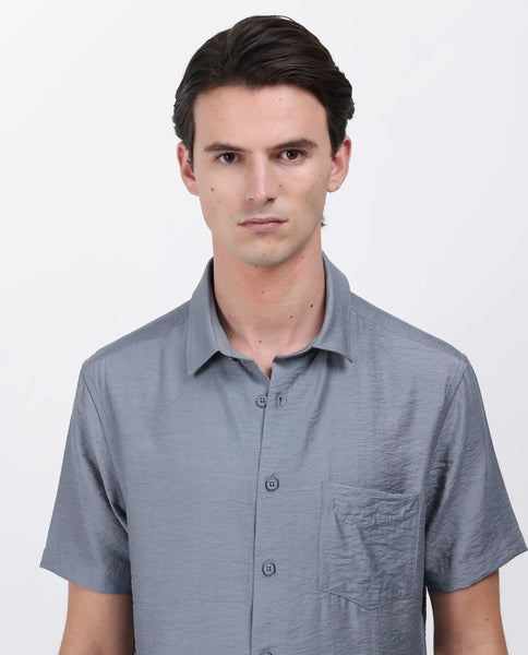 Rare Rabbit Men's Torit Dusky Blue Viscose Blend Plain Regular Fit Hal