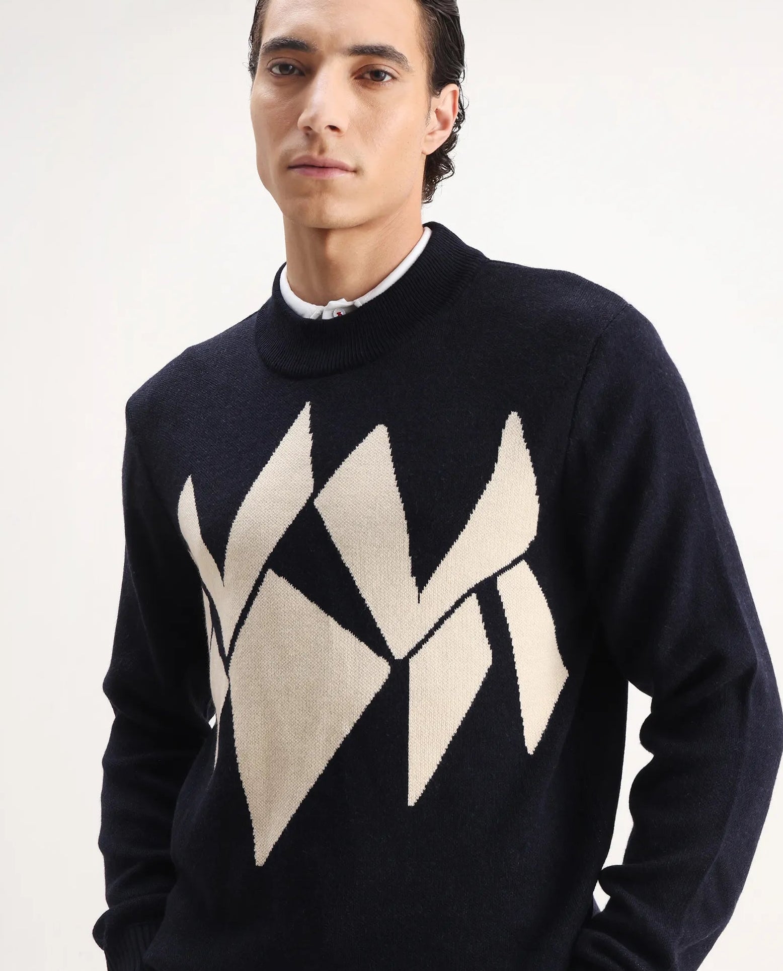 Rare Rabbit Men's Tran Navy Acrylic Abstract Print Regular Fit Full Sl