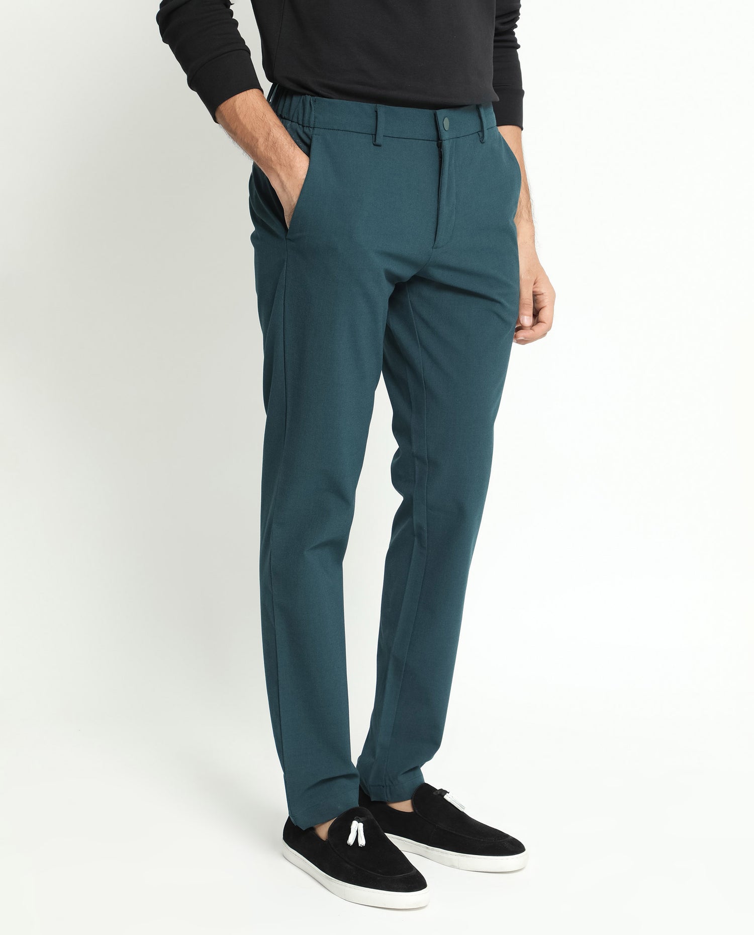 Rare Rabbit Men's Travellers Dark Petrol Solid Mid-Rise Regular Fit Tr