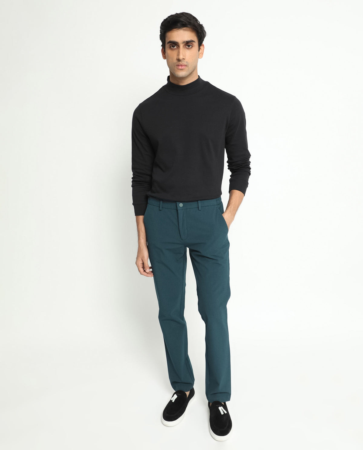 Rare Rabbit Men's Travellers Dark Petrol Solid Mid-Rise Regular Fit Tr