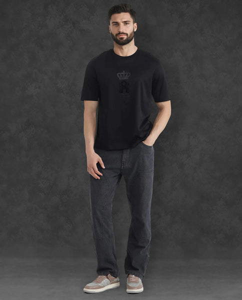 Rare Rabbit Men Trell Black Mercerized Cotton Fabric Short Sleeve Crew