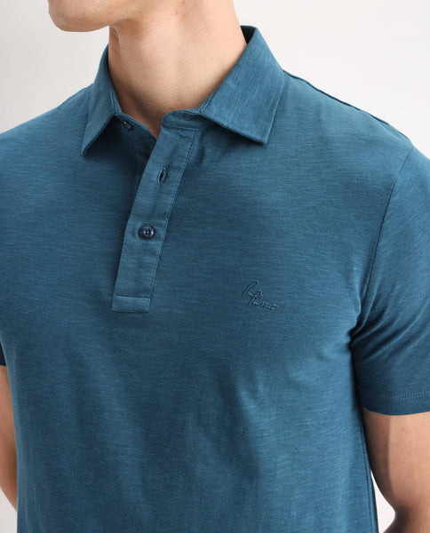 Rare Rabbit Men's Trent Petrol Cotton Plain Regular Fit Half Sleeve Po