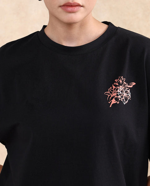 Rareism Women Trill Black Cotton Blend Fabric Short Sleeve Crew Neck O