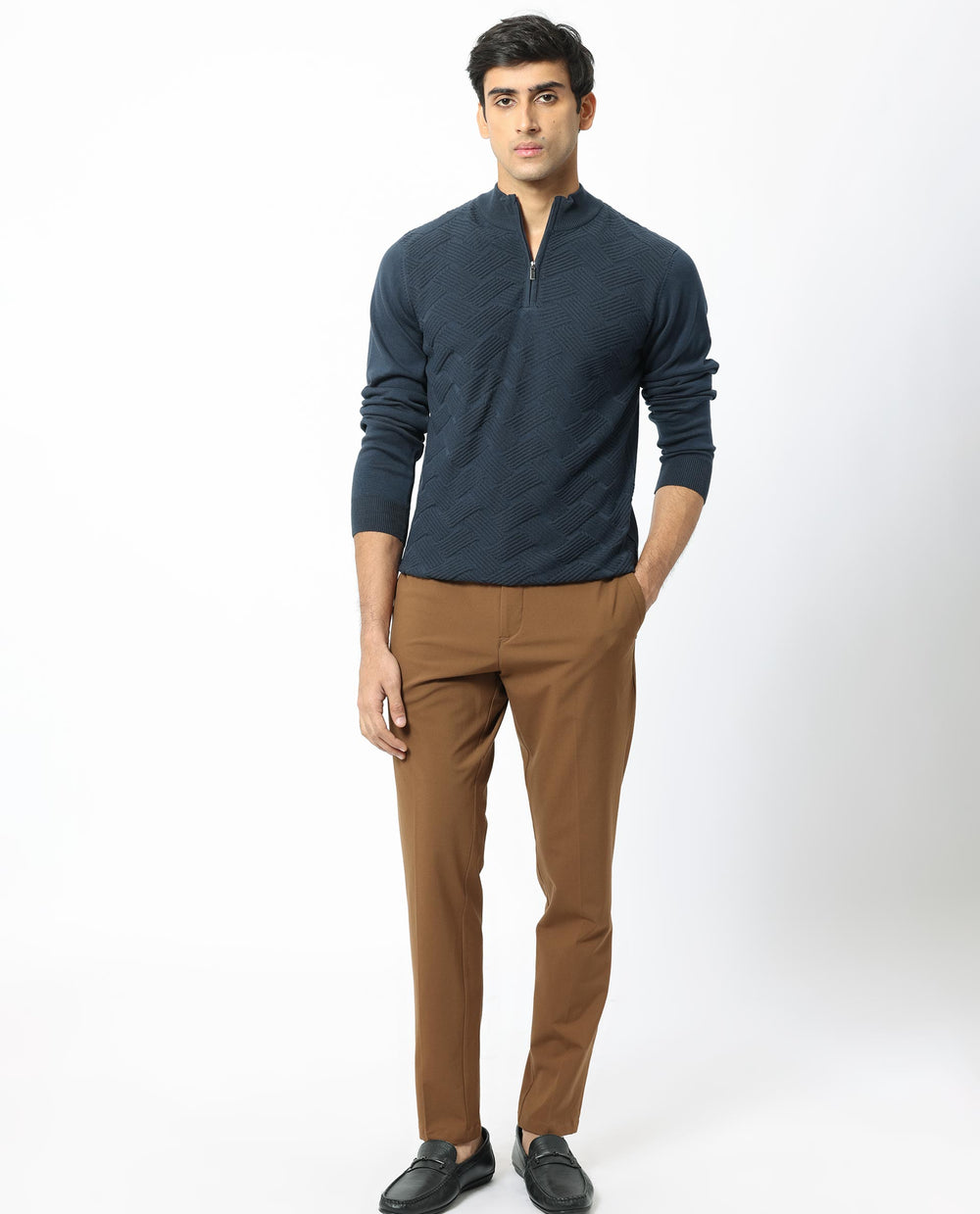 RARE RABBIT MENS TROYO BLUE SWEATER FULL SLEEVE HIGH NECK SOLID