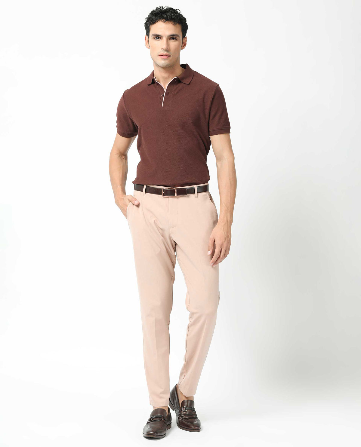 Rare Rabbit Men's Turino Brown Cotton Fabric Collared Neck Half Sleeve