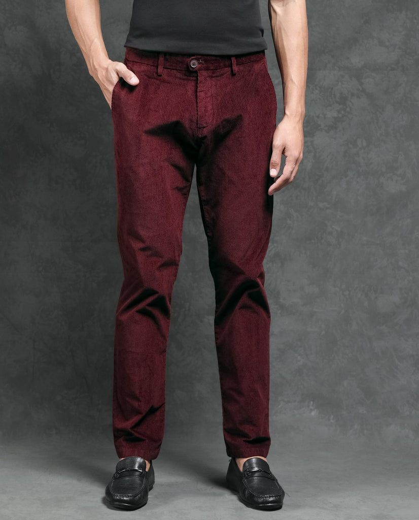 Rare Rabbit Men's Upton Maroon Mid-Rise Regular Fit Corduroy Trousers