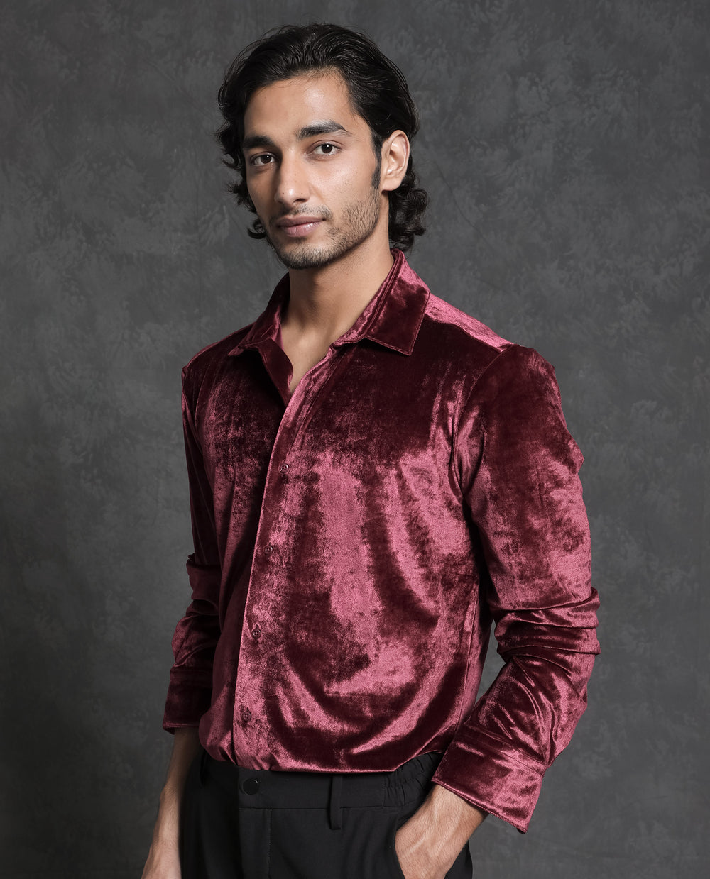 Rare Rabbit Men's Valve Maroon Valvet Full Sleeves Solid Shirt