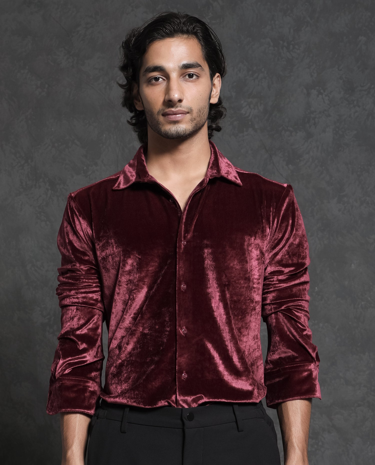 Rare Rabbit Men's Valve Maroon Velvet Full Sleeves Solid Shirt