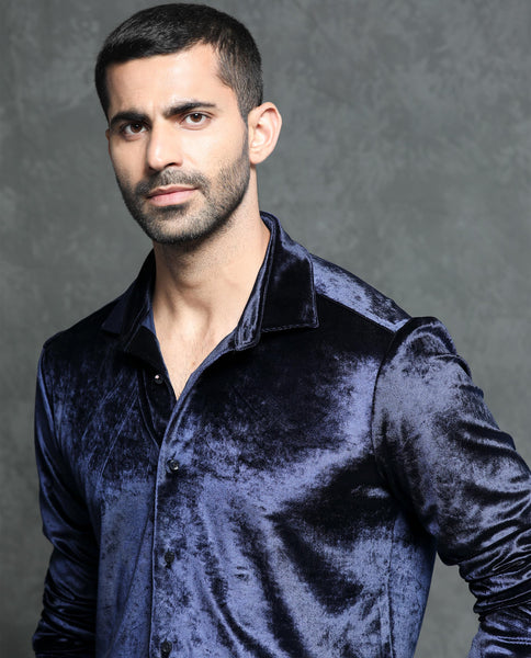 Rare Rabbit Men's Valve Navy Valvet Fabric Full Sleeves Solid Shirt