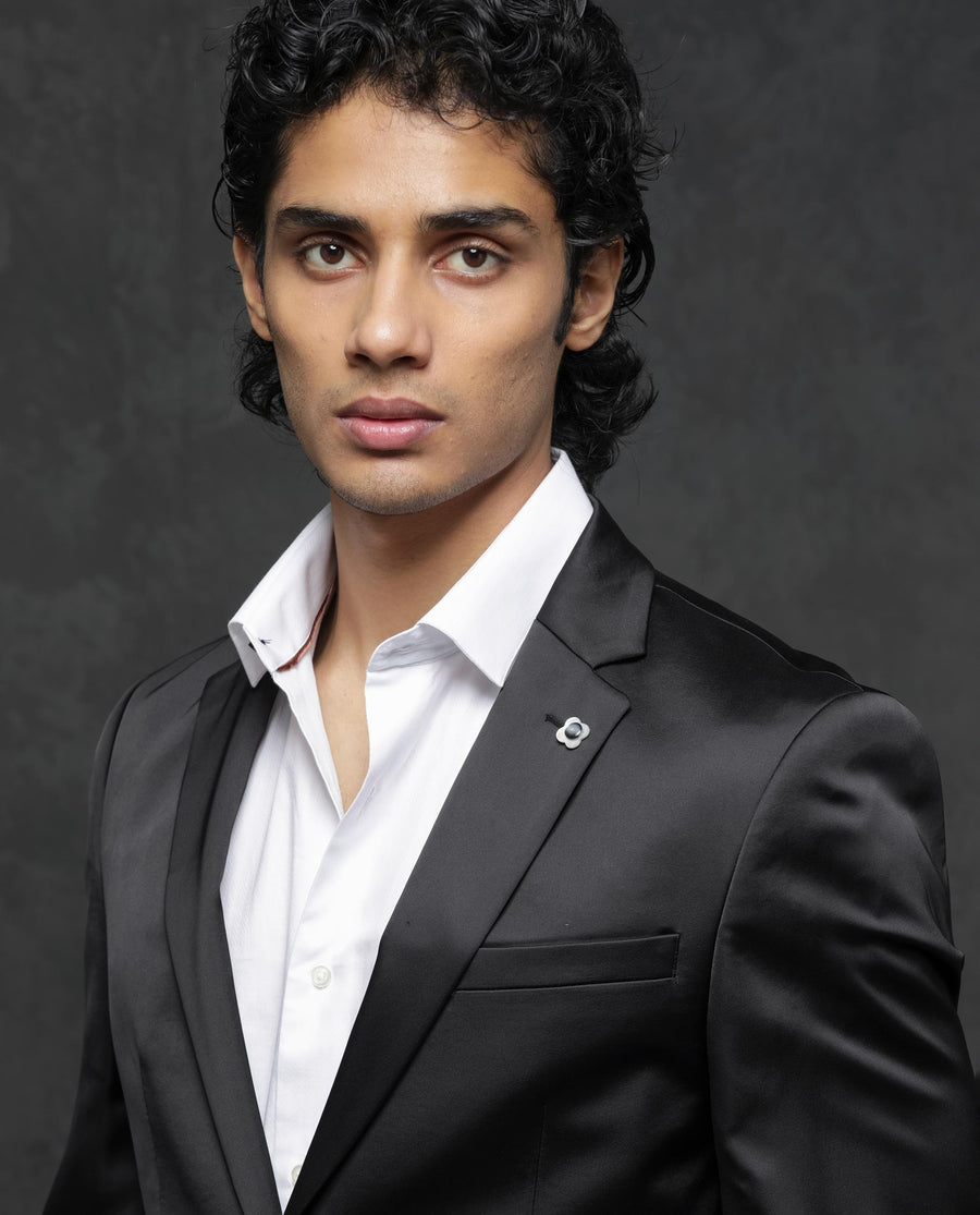 Rare Rabbit Men's Vance Black Polyester Viscose Fabric Notch Lapel But