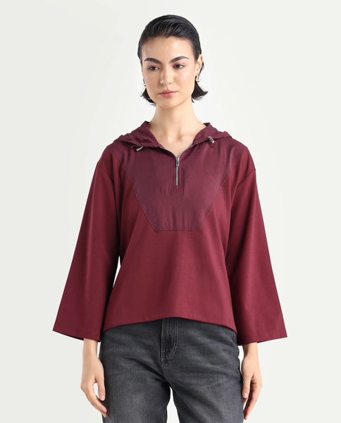 Rareism Women's Vancouver Maroon Cotton Blend Hooded Plain Relaxed Fit